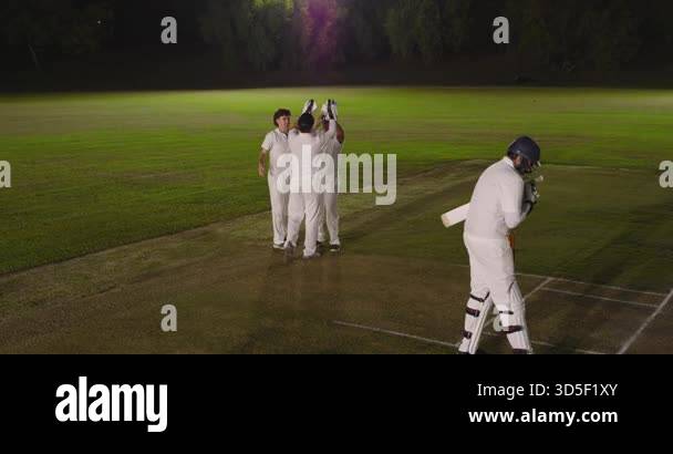Celebrating wicket dismissal, White male fielders tapping gloves at ...