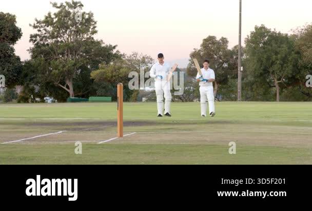 Emerging crease male teammates with bats adjusting gloves tapping ...