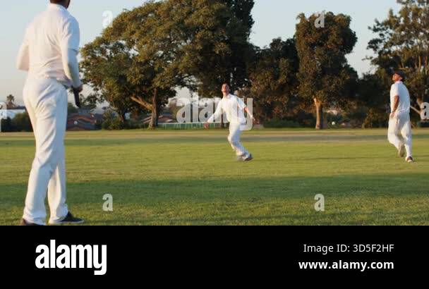 Tossing red ball, Diverse male cricket teammates practicing catch drill ...