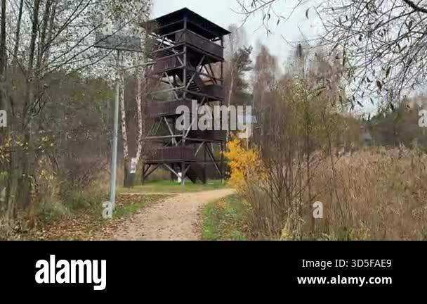 A tall wooden observation tower over the pond in Blachownia, a wooden ...