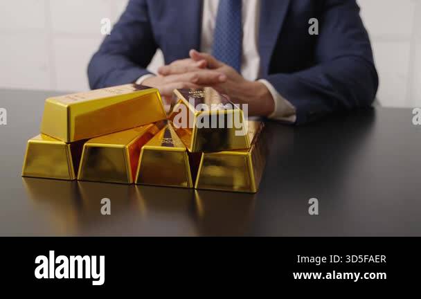 Successful rich man with gold. Business success man with gold bar ...