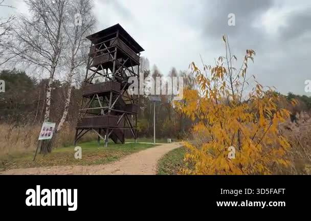 A tall wooden observation tower over the pond in Blachownia, a wooden ...