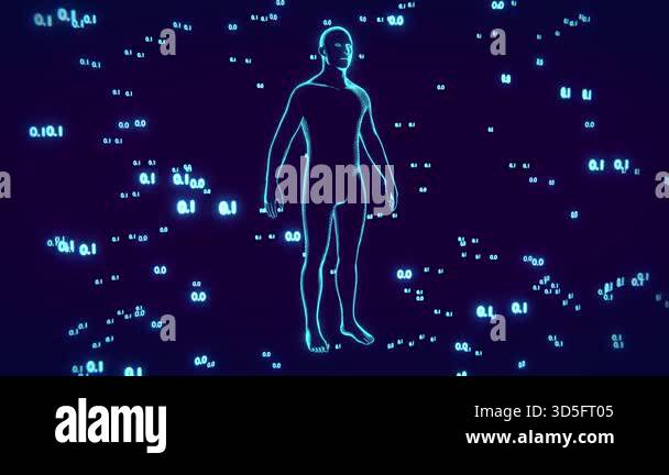 Translucent human body with glowing intricate blue numbers and hologram ...