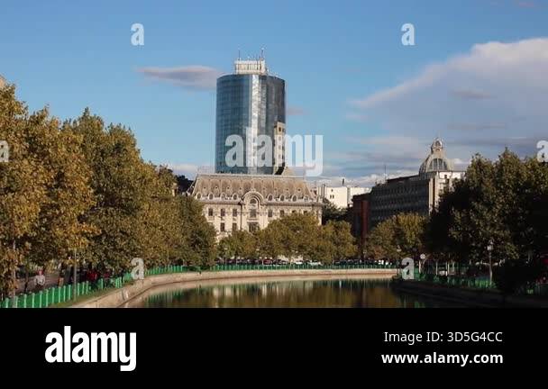 Bucharest city traffic with famous building landmarks urban ...