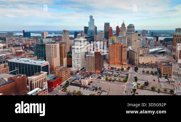 Detroit, USA, 28 July 2025: Various design of the buildings in the ...