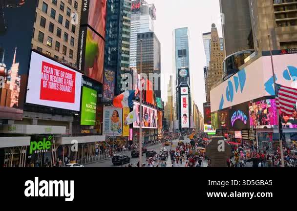 New York, USA, 8 October 2025: Flashing images on the screens at the ...