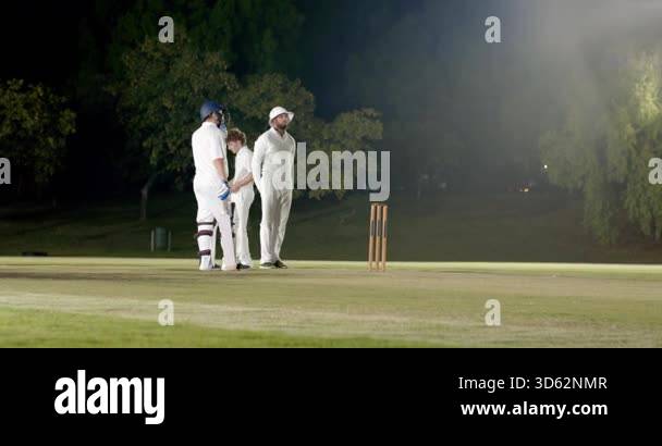 Diverse cricket players surveying batsman on floodlit pitch bowler ...