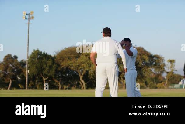 Diverse cricket team bowling red ball on turf, batsman swinging bat and ...