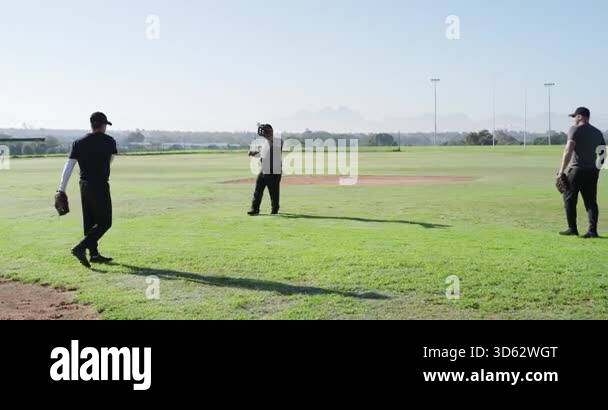 Left player gesturing start male baseball team tossing fielding ...