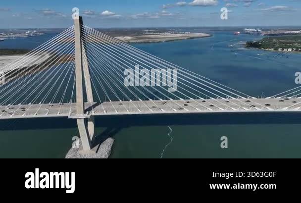 Aerial drone view of the Arthur Ravenel Jr. Bridge spanning the Cooper ...