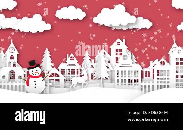 Paper Cut Winter Holiday Village Scene with Snowman and Reindeer Stock ...