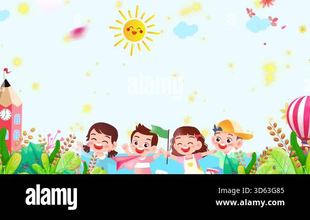 Animated Cartoon Background with Happy Kids Jumping and Educational ...