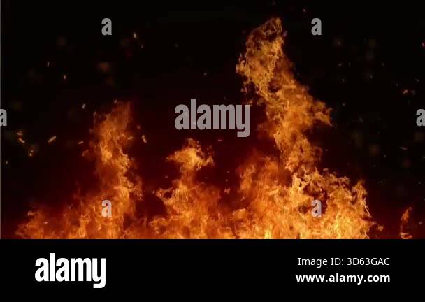 Intense Fire Flames Burning on Black Background with Flying Embers ...