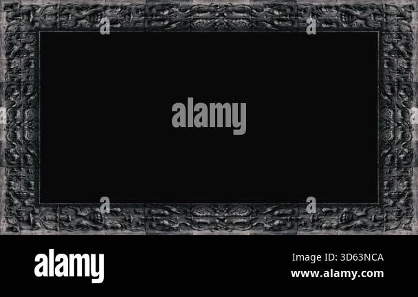 Landscape format black color picture frame with stone carved ornament ...