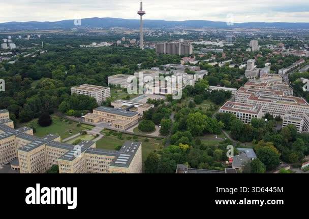 Panoramic aerial view of Goethe University campus in Frankfurt, Germany ...