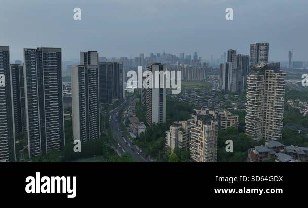 High-angle view of modern residential skyscrapers with repetitive ...