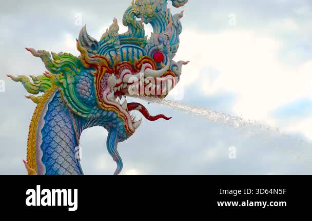 Naga statue spraying water at a Thai temple, showcasing intricate ...