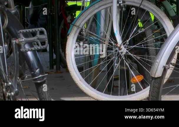 Parnu, Estonia - September 11, 2025: Close-up view of bicycle wheels in ...