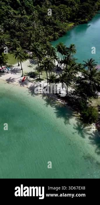 Experience the tranquil shores of Ko Ngam Beach in Koh Chang, Thailand. Palm trees sway gently ...