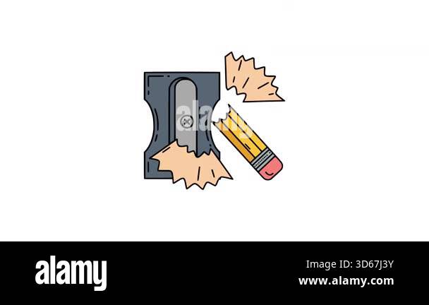 Close up of pencil sharpener shaving yellow pencil with wood curls ...