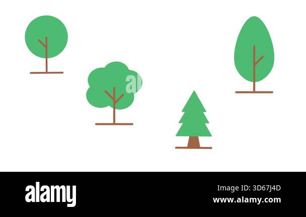 Flat vector illustration of various green trees in a simple forest ...