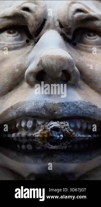 Vertical , Close-up of an expressive ancient fountain face carved in ...