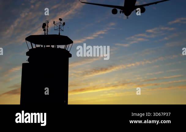 Air Traffic Control Tower at Airport As Airplane Takes Off Stock Video ...