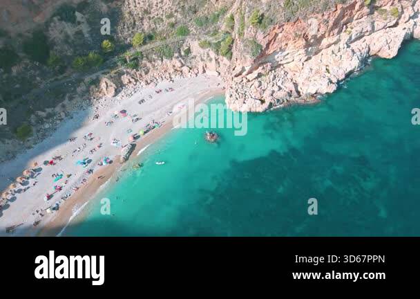 Aerial top-down drone view of Cala del Moraig beach in Benitatxell ...