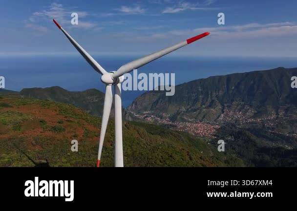 Coastal wind farm drone shot, Aerial view highlighting symmetrical wind ...