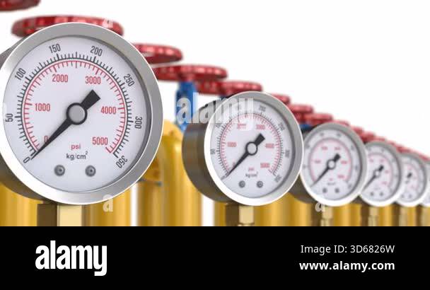 Camera moving along row of gas pressure gauge meters - 3D animation ...
