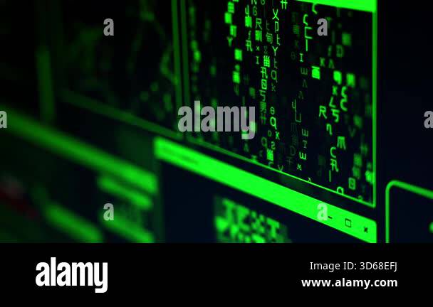 Glowing green digital characters and data on dark computer screen ...