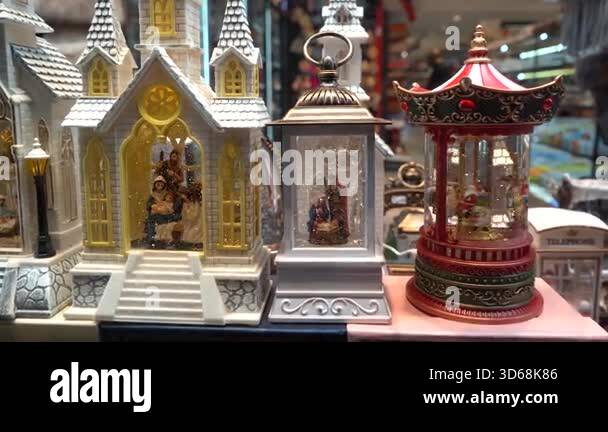 Spinning Christmas carousel. Nativity scene with Jesus in the manger ...
