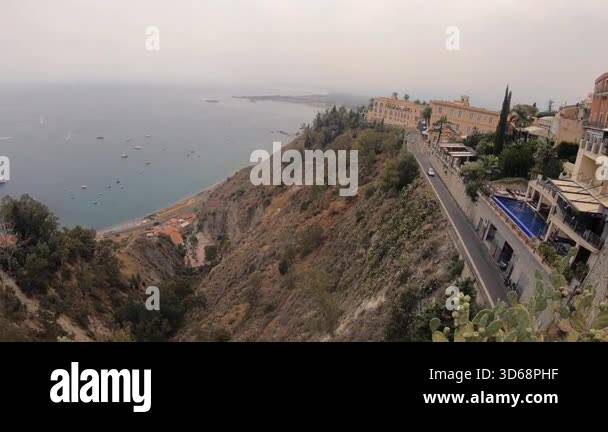 Aerial view of the beautiful coastline of Taormina, one of the most ...