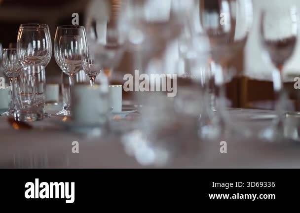 Interior of a medieval castle banquet hall with long wooden tables ...