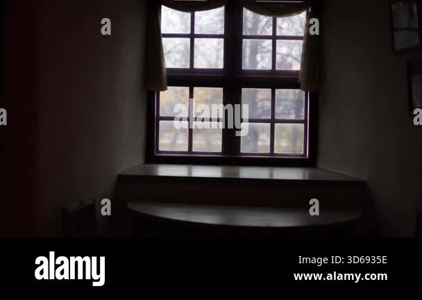 Interior of ancient castle rooms with stone walls, wooden furniture ...