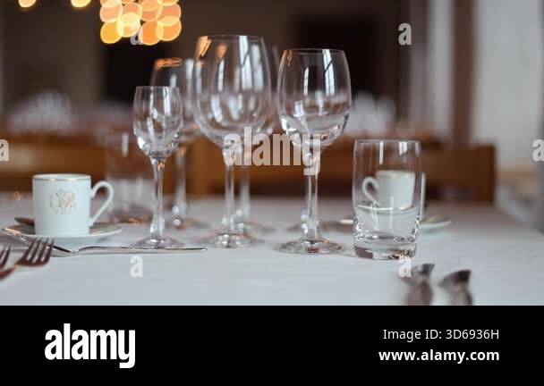 Interior of a medieval castle banquet hall with long wooden tables ...