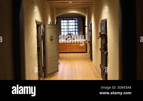 Dark stone prison inside a medieval castle, rusty bars, chains, and ...