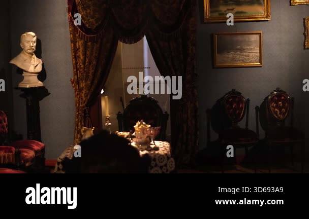 Interior of ancient castle rooms with stone walls, wooden furniture ...