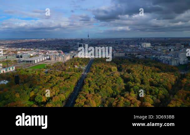 Aerial view showingBerlin cityscape from Tiergarten park to Reichstag ...