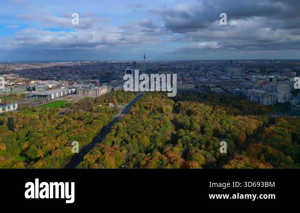 Aerial view showingBerlin cityscape from Tiergarten park to Reichstag ...