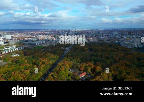 Aerial view showingBerlin cityscape from Tiergarten park to Reichstag ...