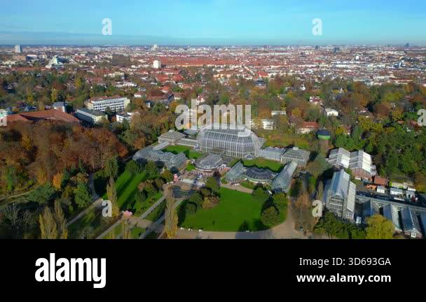 Aerial view of the Berlin botanical garden and glasshouses surrounded ...
