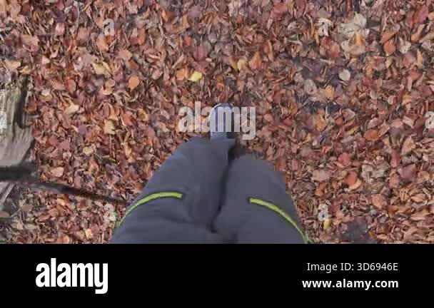 Close-up view of a mans legs walking along a path covered with colorful ...