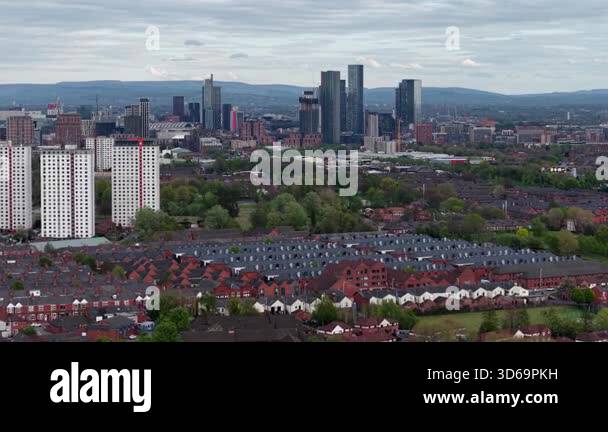 The view captures the skyline of Manchester, highlighting modern ...