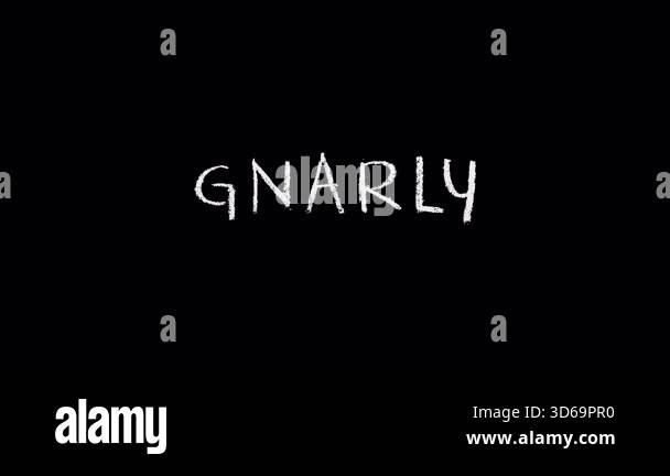 Gnarly word emerging through vintage stop motion technique, transforming against dark minimalist ...
