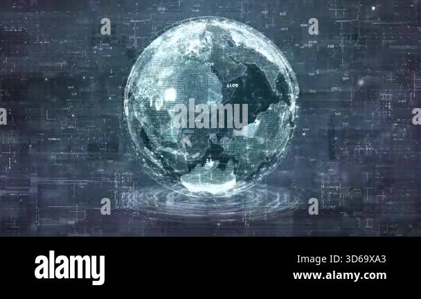 Animated digital globe featuring binary code overlay and world map, depicting advanced ...