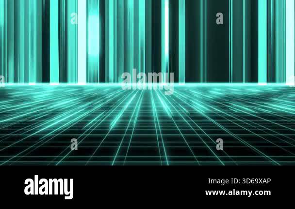 Seamless 4K animation of a high-tech city skyline overlaid with glowing data streams and code ...