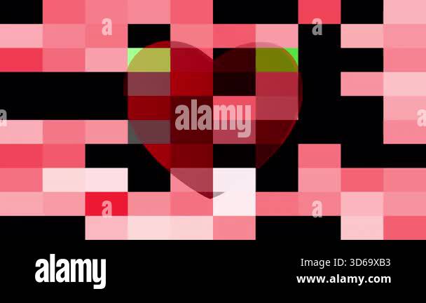 Animated transition with falling pixel blocks revealing a red heart ...