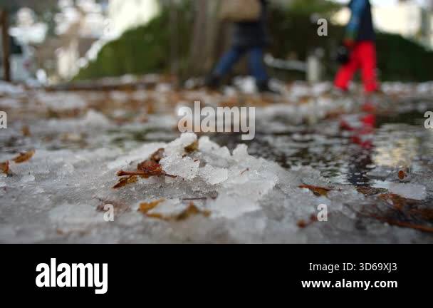 Melting snow on city sidewalk with fallen leaves and reflections ...