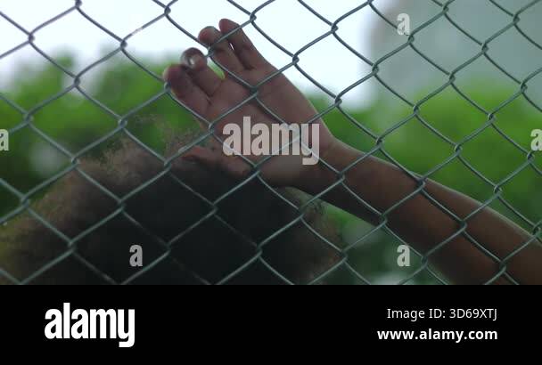 Young African American man leaning against fence in moment of tension ...